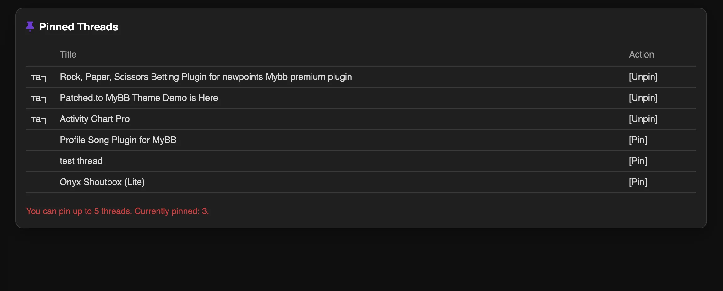 Pin My Threads Mybb Premium plugin — spotlight your best topics on your profile